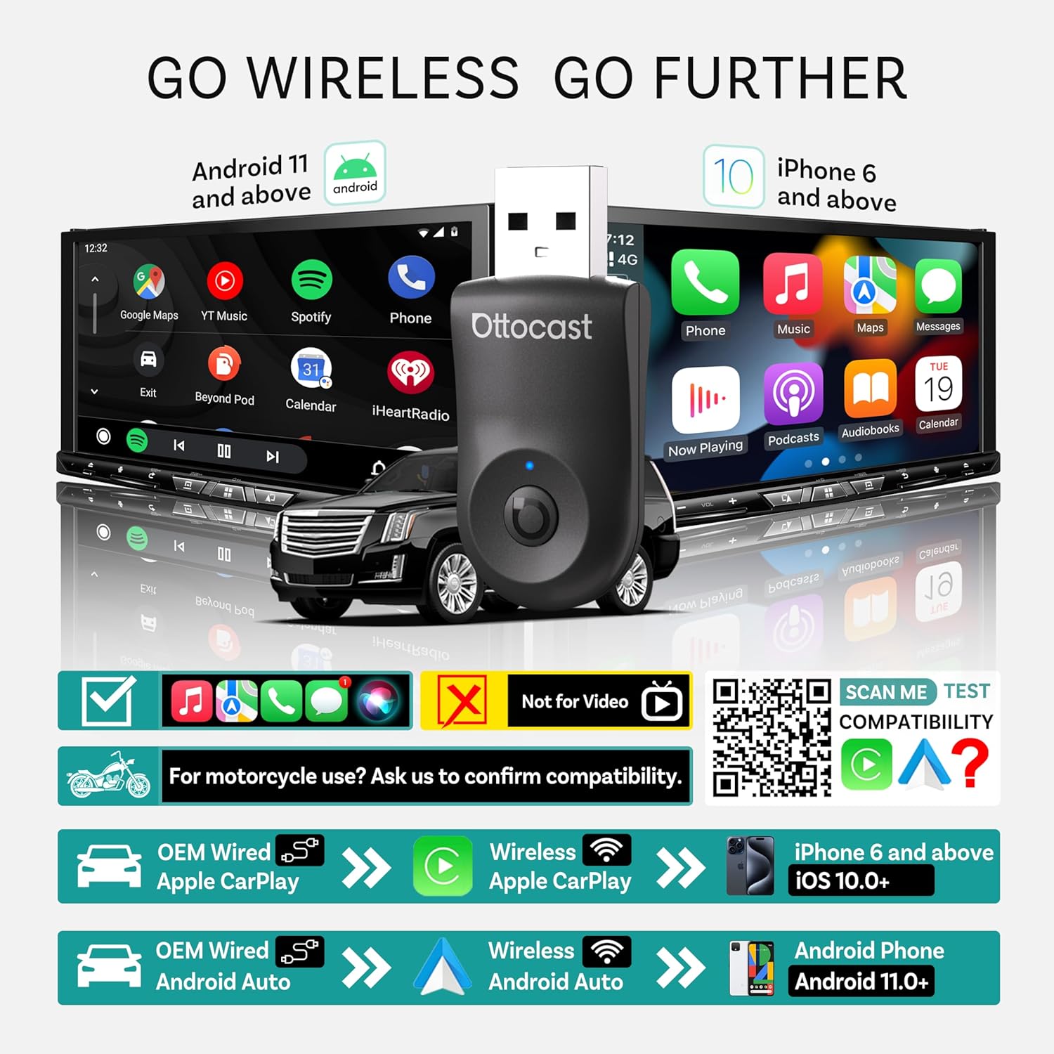 Ottocast® 2025 Mini Wireless 2-in-1 CarPlay and Android Auto Adapter
