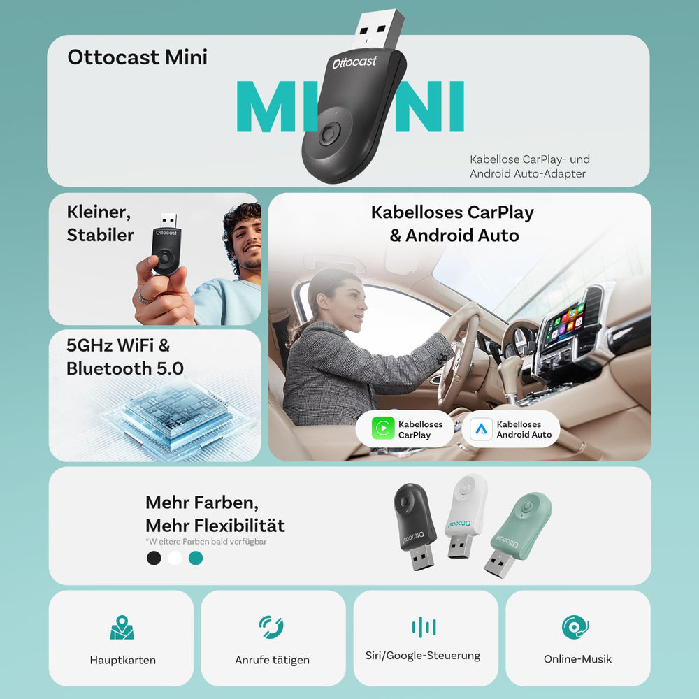 Ottocast® 2025 Mini Wireless 2-in-1 CarPlay Und Android Auto Adapter
